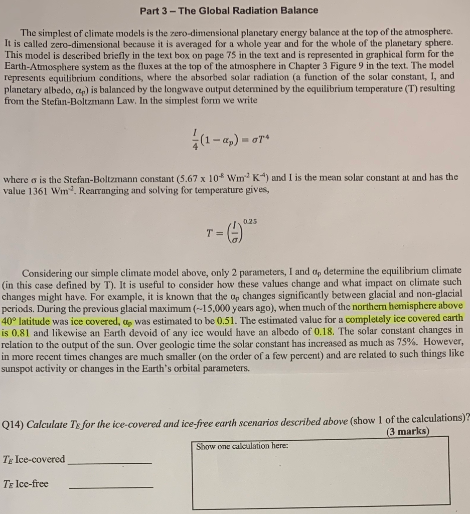 Solved Part 3 - The Global Radiation Balance The simplest of | Chegg.com