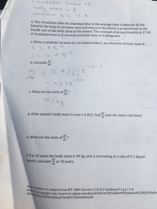 Solved The circulation time of a mammal (that is the average | Chegg.com