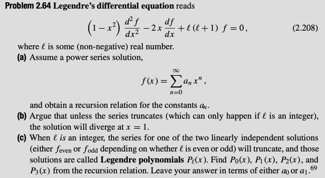 Solved Problem 2.64 Legendre's differential equation reads | Chegg.com