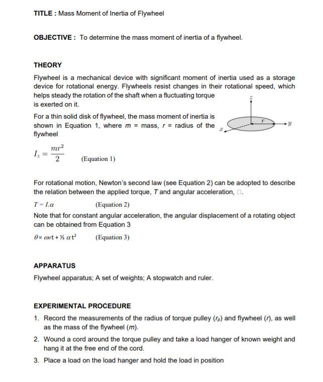 TITLE : Mass Moment of Inertia of Flywheel OBJECTIVE: | Chegg.com