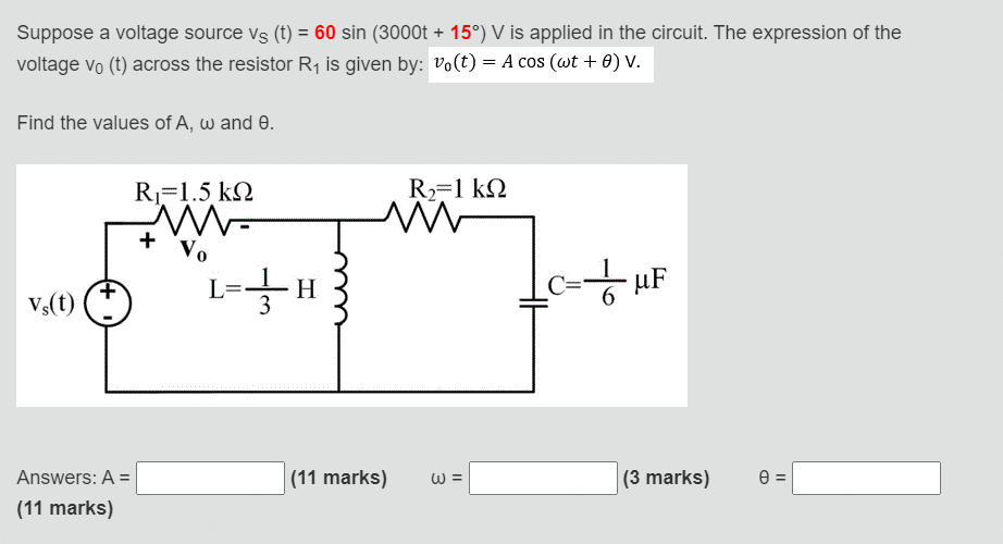 Solved Suppose a voltage source vs (t) = 60 sin (3000t + | Chegg.com