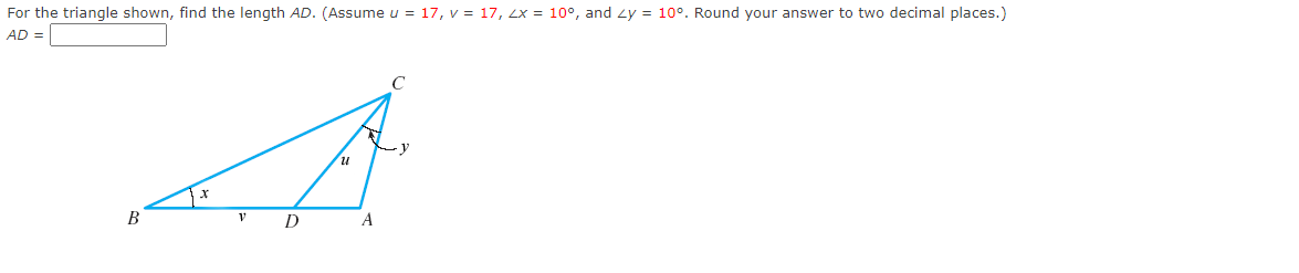 Solved For the triangle shown, find the length AD. (Assume u | Chegg.com