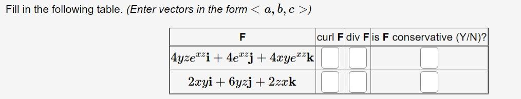 Solved Fill in the following table. (Enter vectors in the | Chegg.com