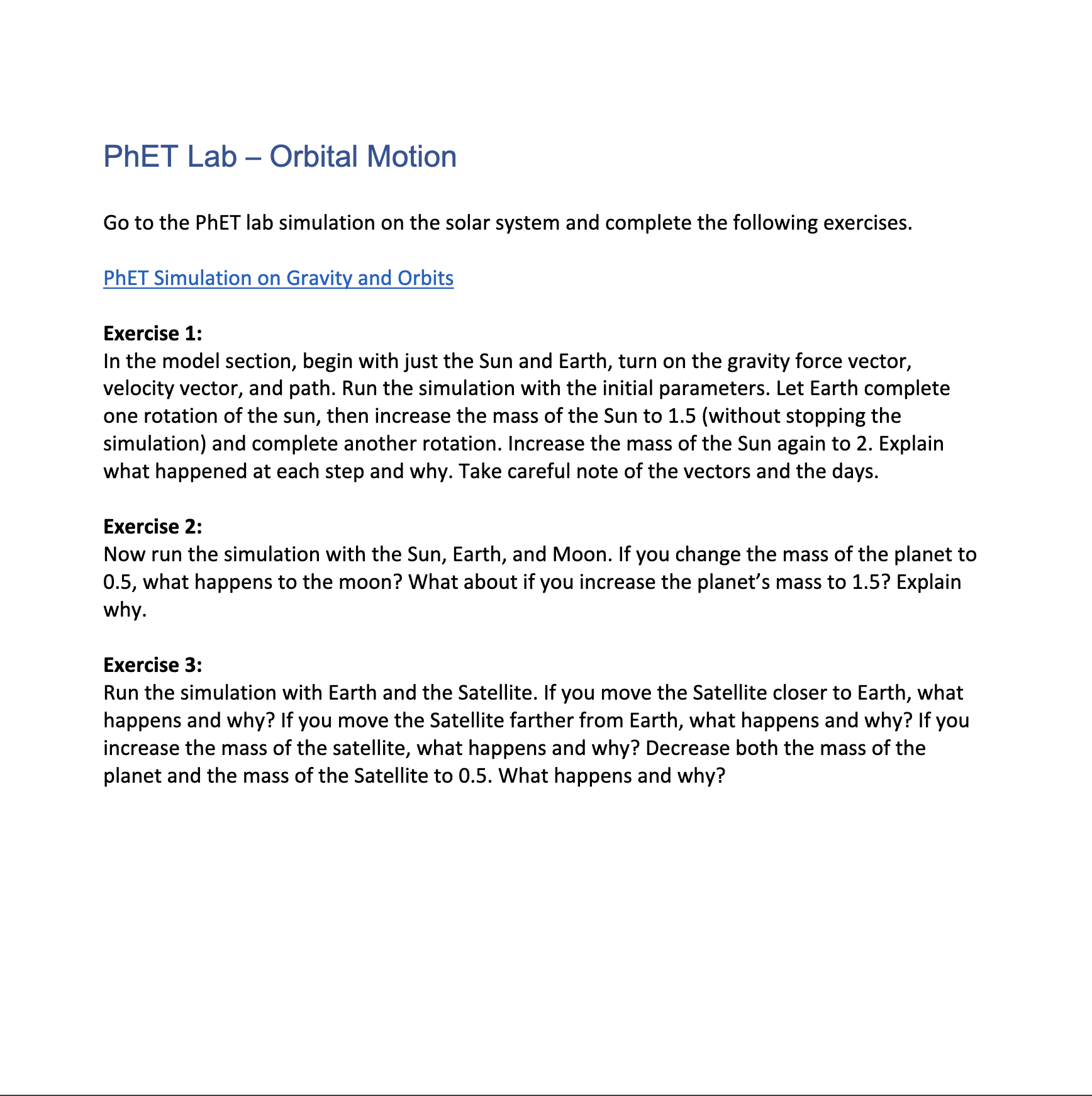 Solved PhET Lab - ﻿Orbital MotionGo to the PhET lab | Chegg.com