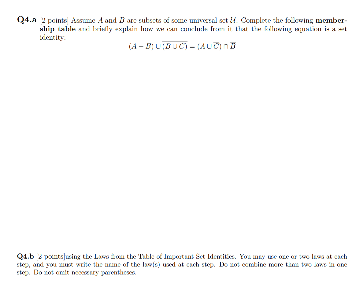 Solved Q4.a [2 points] Assume A and B are subsets of some | Chegg.com