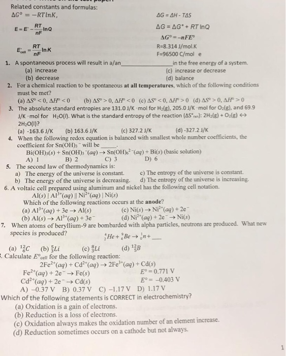 Solved Related constants and formulas: RT nF R-8.314 J/mol.K | Chegg.com