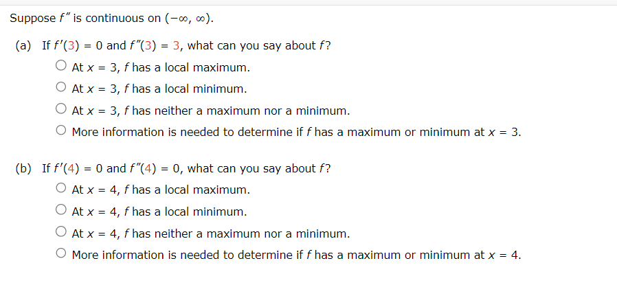 Solved Suppose f'' ﻿is continuous on (-∞,∞).(a) ﻿If f'(3)=0 | Chegg.com