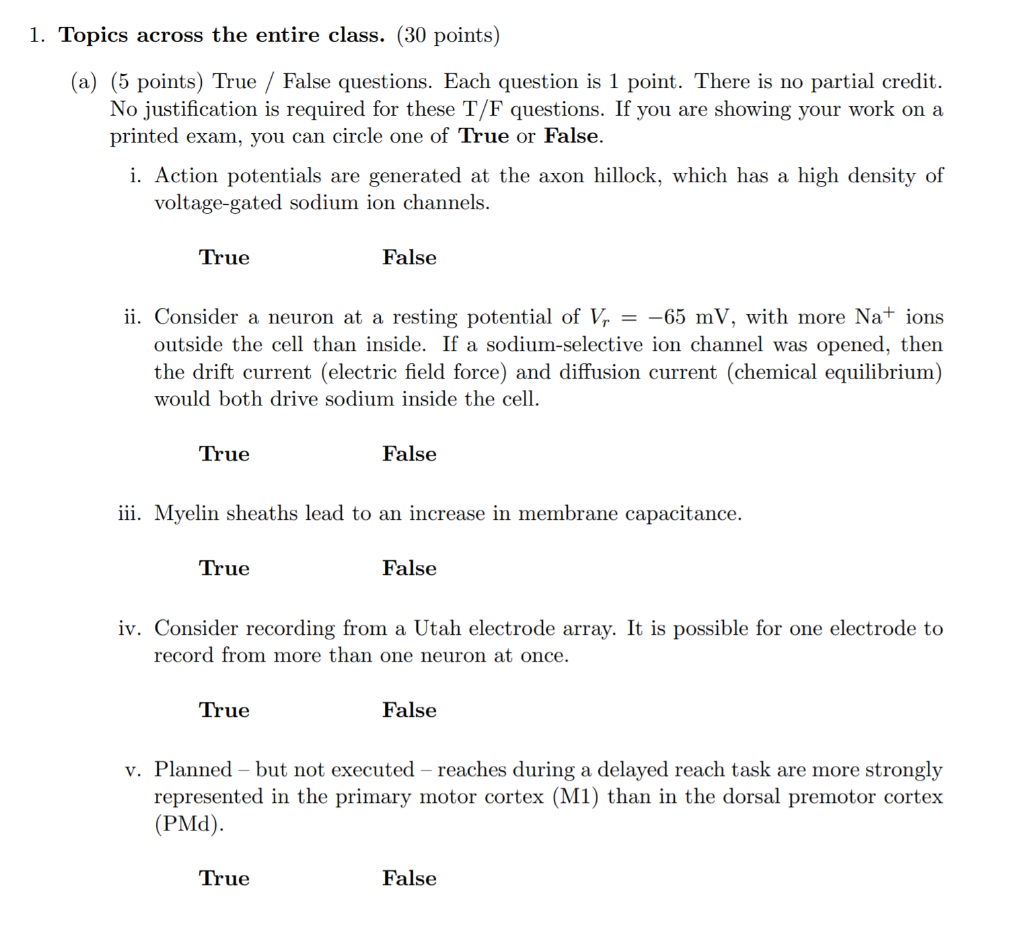 Solved (a) (5 points) True / False questions. Each question | Chegg.com