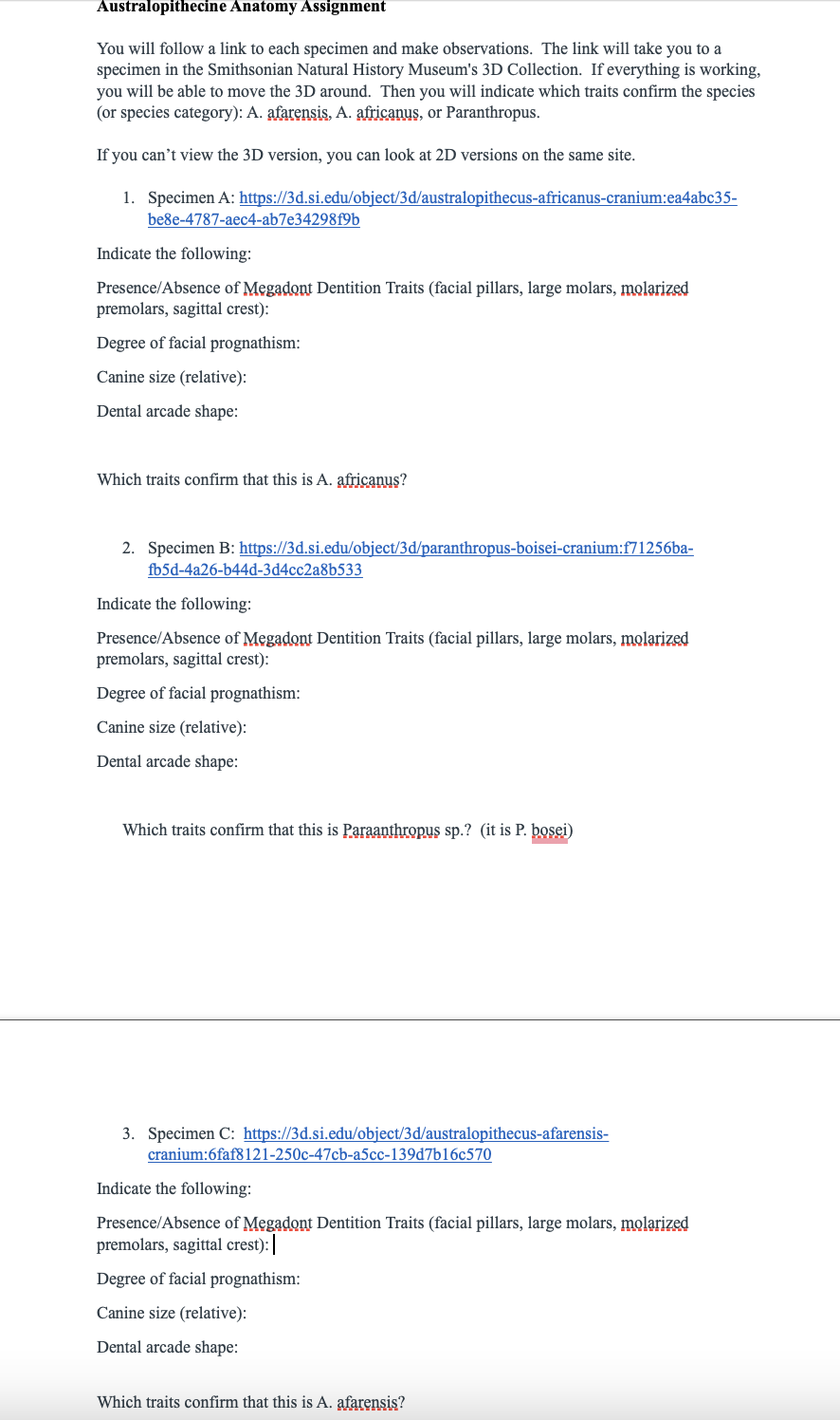 Australopithecine Anatomy Assignment You will follow | Chegg.com