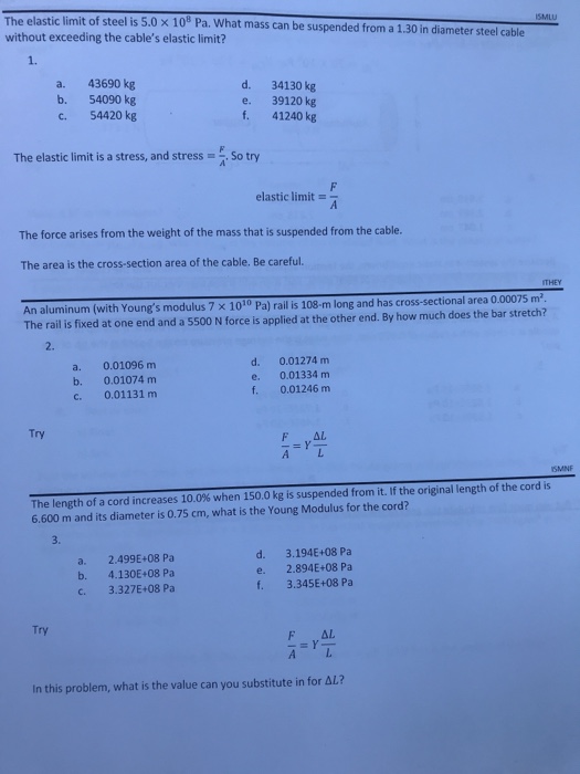 Solved SMLU The elastic limit of steel is 5.0 × 1 without | Chegg.com