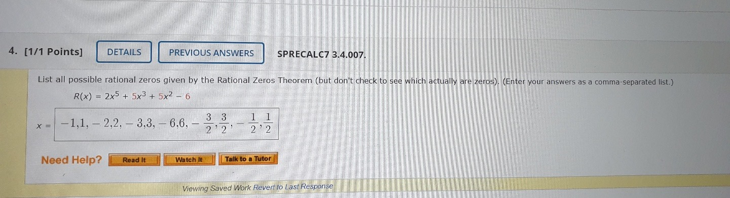 Solved 1. [0.66/1 Points] DETAILS PREVIOUS ANSWERS SPRECALC7 | Chegg.com