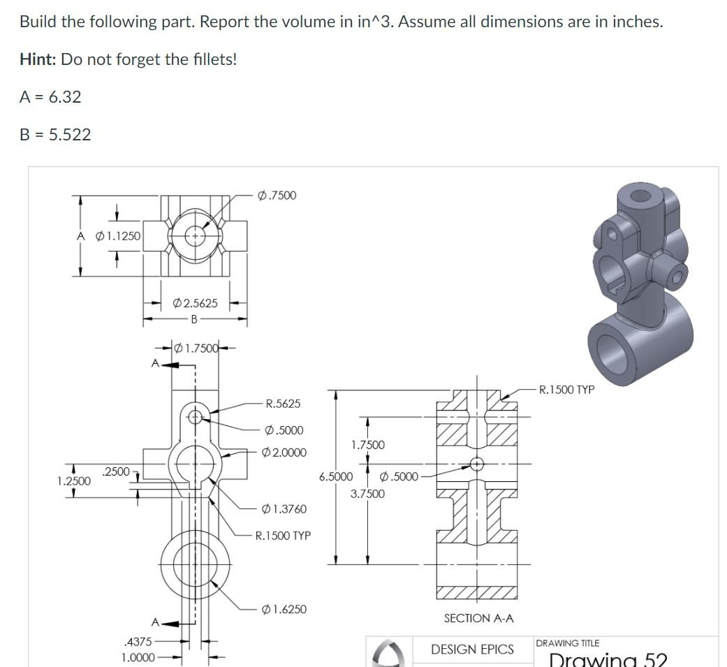 Solved Build the following part. Report the volume in in^3. | Chegg.com