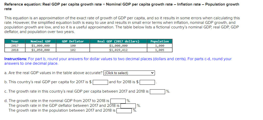 Solved Reference equation: Real GDP per capita growth rate = | Chegg.com
