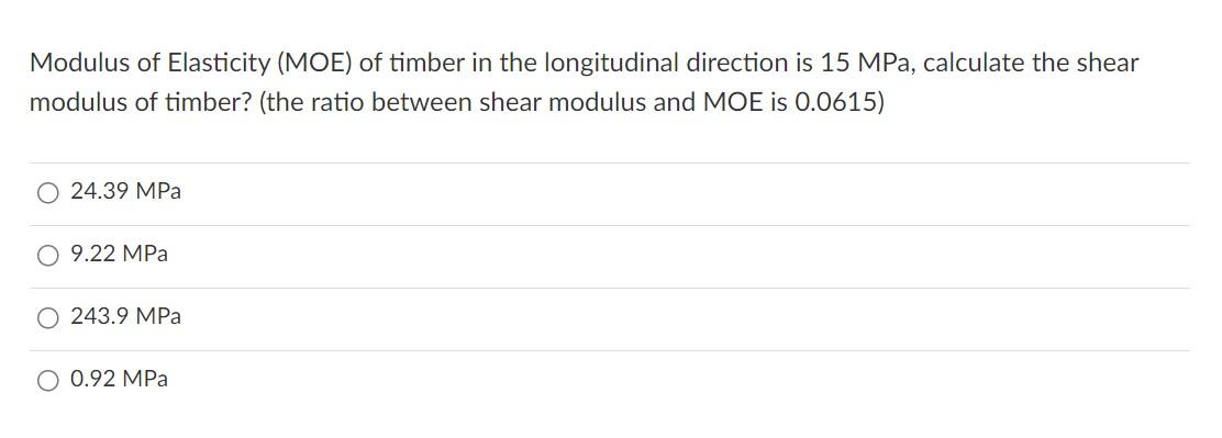 Solved Modulus Of Elasticity Moe Of Timber In The