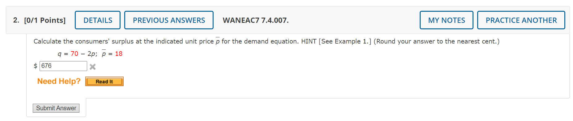 Solved 2. [0/1 Points] DETAILS PREVIOUS ANSWERS WANEAC7 | Chegg.com