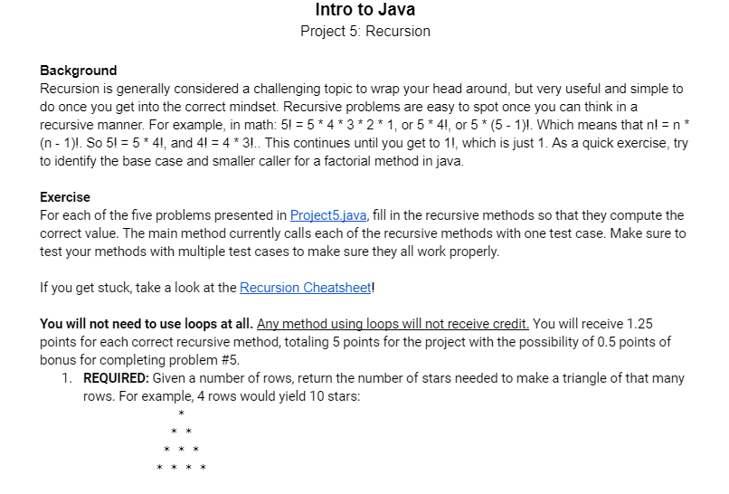 Solved Intro to Java Project 5: Recursion Background | Chegg.com
