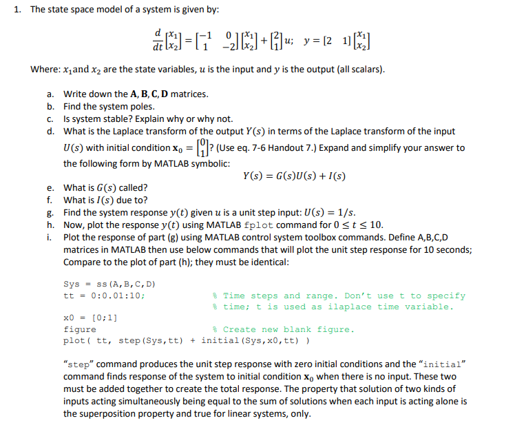 Solved 1. The state space model of a system is given by: de | Chegg.com