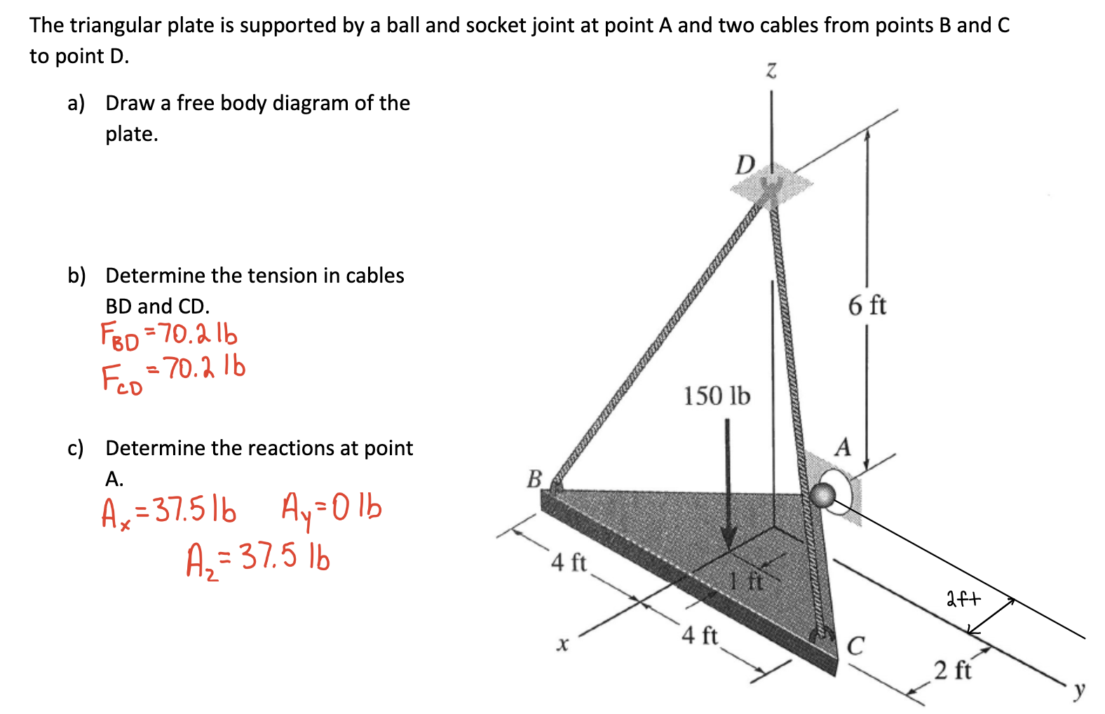 Solved The triangular plate is supported by a ball and | Chegg.com