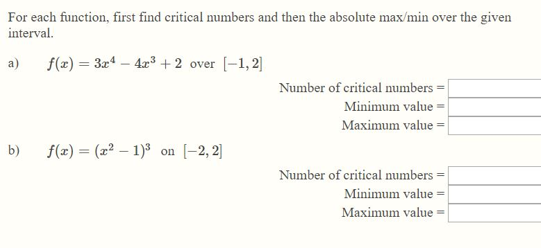 Solved For each function, first find critical numbers and | Chegg.com