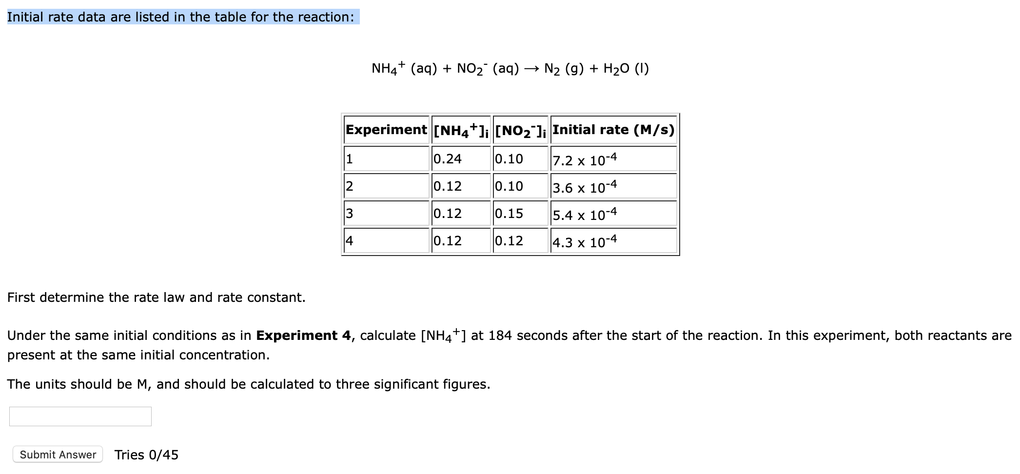 Solved Initial rate data are listed in the table for the | Chegg.com