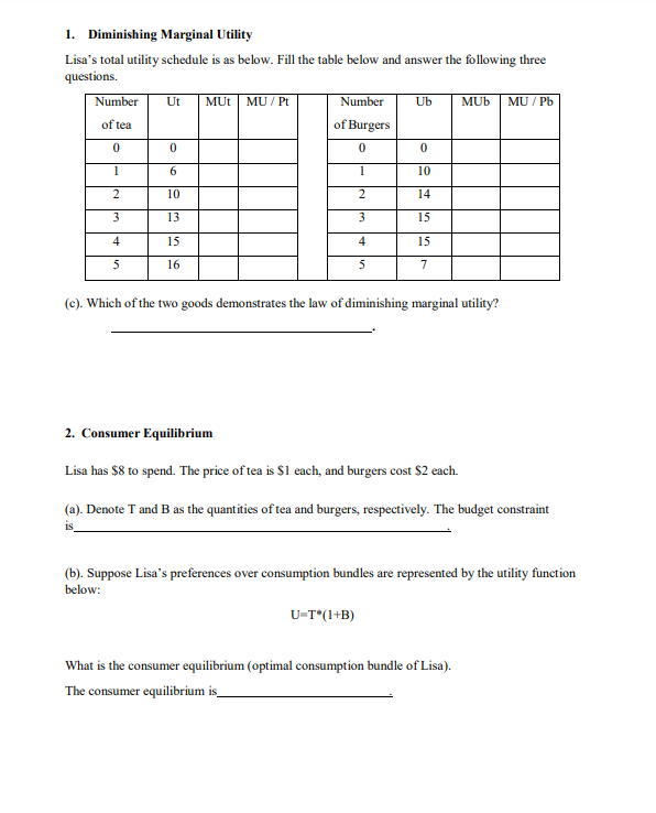 Solved 1. Diminishing Marginal Utility Lisa's total utility | Chegg.com