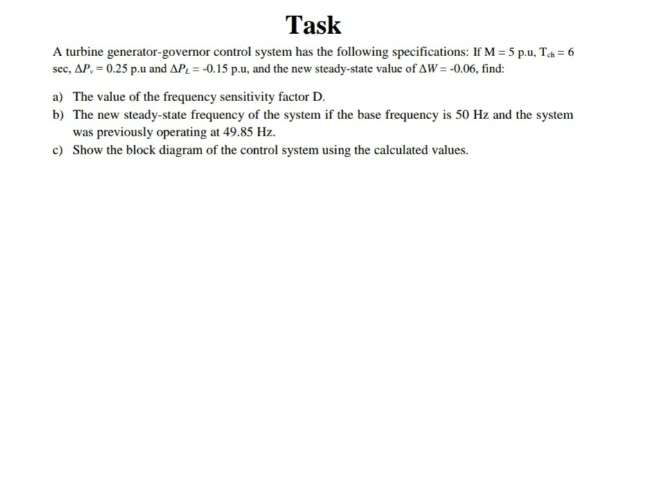 Solved Task A turbine generator-governor control system has | Chegg.com