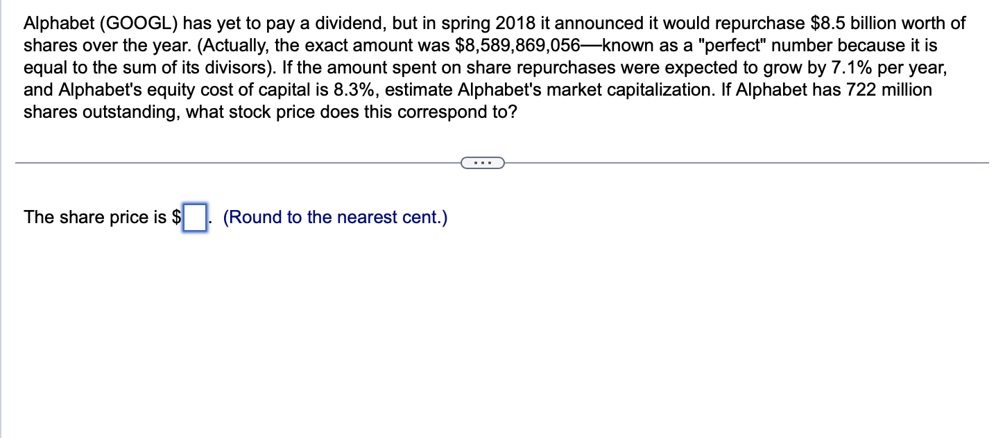 Solved Alphabet (GOOGL) ﻿has yet to pay a dividend, but in | Chegg.com