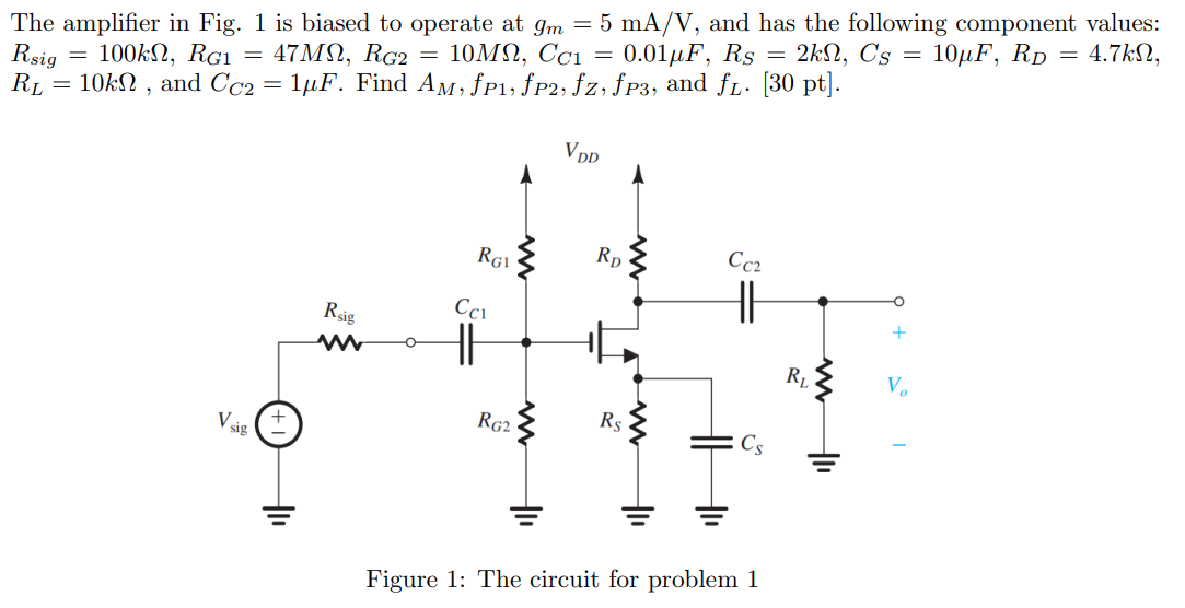 Solved The amplifier in Fig. 1 is biased to operate at Im = | Chegg.com