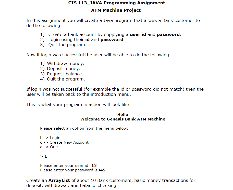 Solved CIS 113_JAVA Programming Assignment ATM Machine | Chegg.com