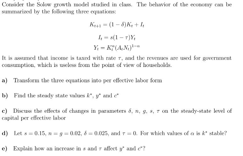 Solved Consider the Solow growth model studied in class. The | Chegg.com
