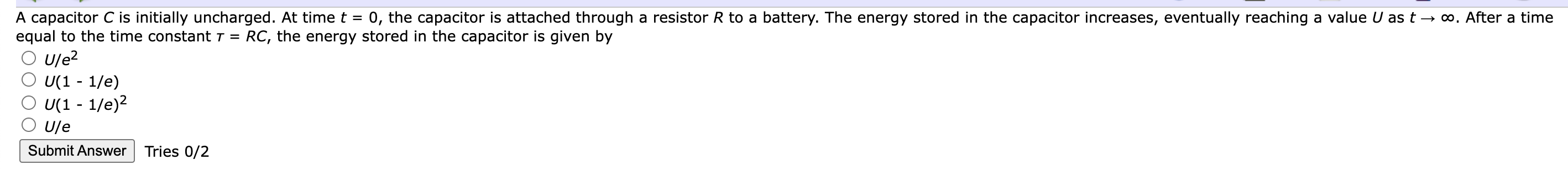 Solved (in V)equal to the time constant T=RC, the energy | Chegg.com
