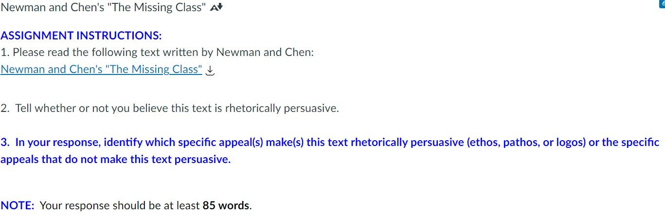 Newman and Chen's "The Missing Class" Av ASSIGNMENT | Chegg.com
