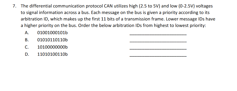 Solved 7. The differential communication protocol CAN | Chegg.com