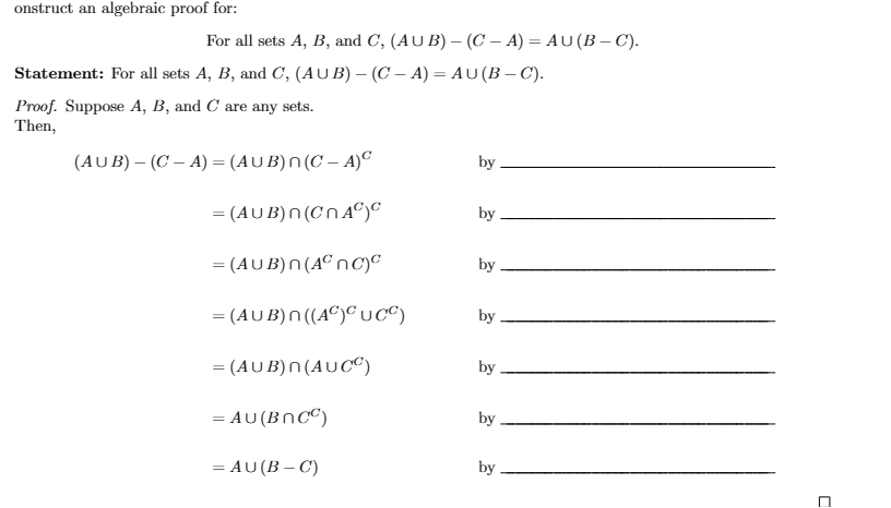 Solved onstruct an algebraic proof for: For all sets A,B, | Chegg.com