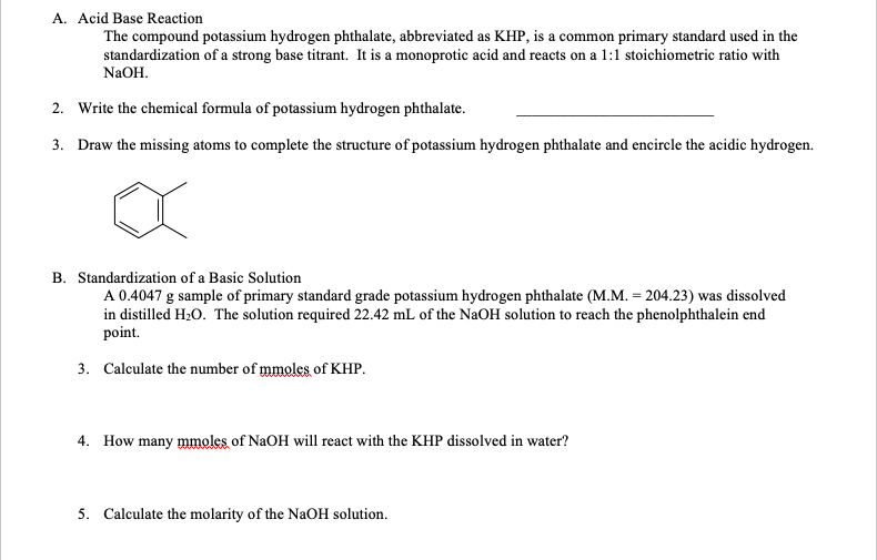 Solved A. Acid Base Reaction The compound potassium hydrogen | Chegg.com