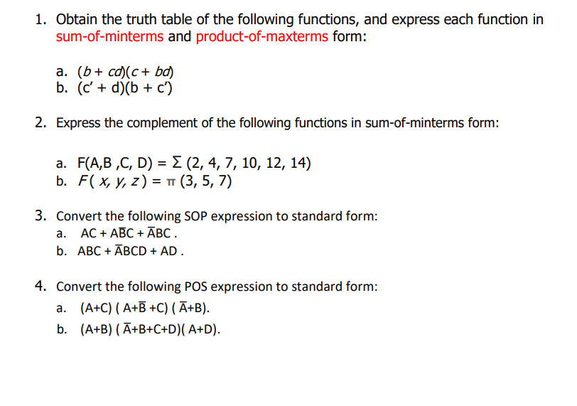 Solved 1 Obtain The Truth Table Of The Following Functions