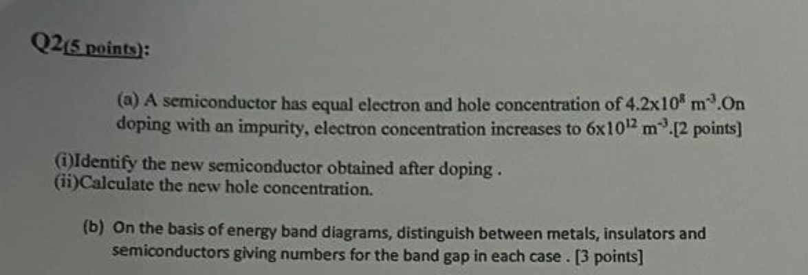 Solved Q2(5 ﻿points):(a) ﻿A semiconductor has equal electron | Chegg.com
