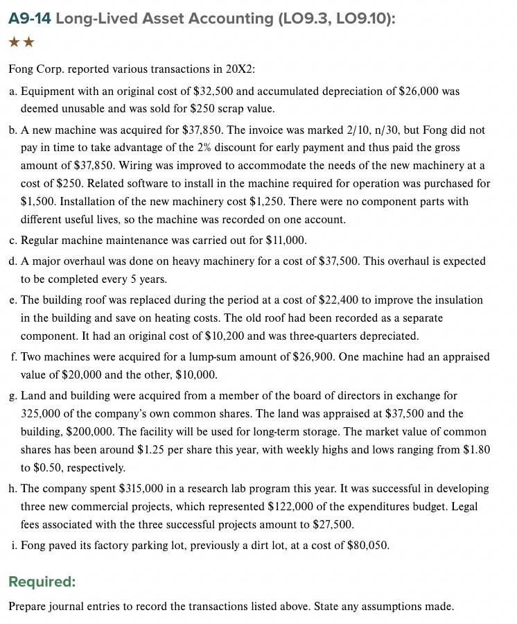 Solved A9-14 Long-Lived Asset Accounting (LO9.3, LO9.10): | Chegg.com