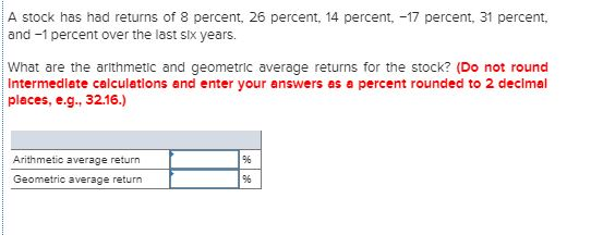 Solved A stock has had returns of 8 percent, 26 percent, 14 | Chegg.com