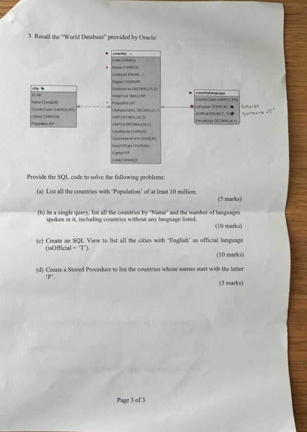 Solved 3. Recall the "World Database" provided by Oracle: | Chegg.com