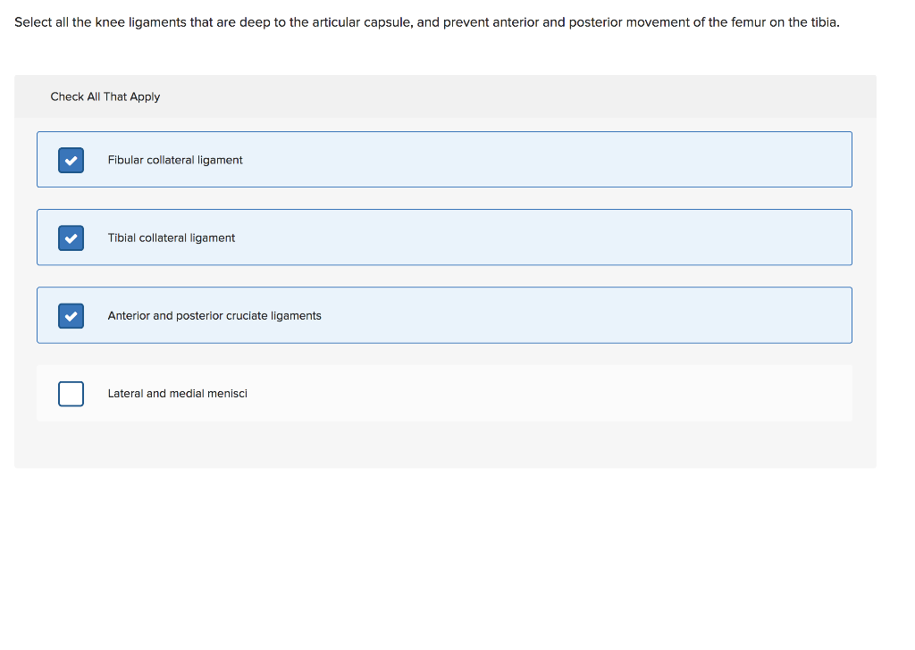 Solved Select all the knee ligaments that are deep to the | Chegg.com
