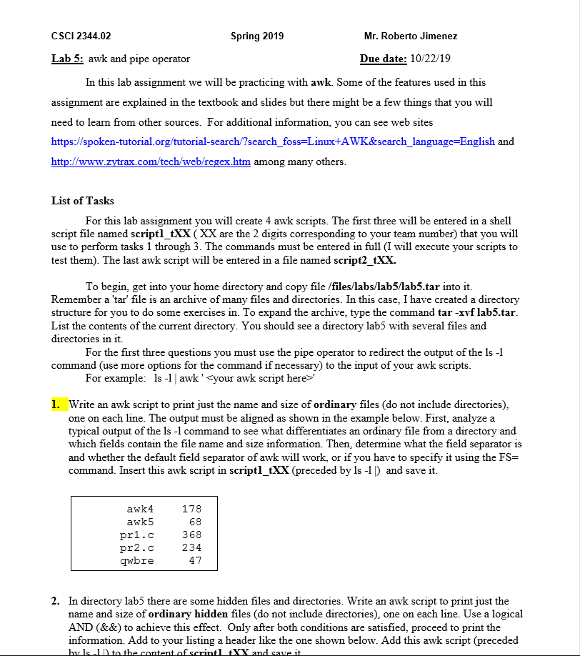 CSCI 2344.02 Spring 2019 Mr. Roberto Jimenez Lab 5: | Chegg.com