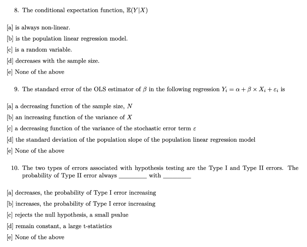Solved 8. The conditional expectation function, E(Y∣X) [a] | Chegg.com
