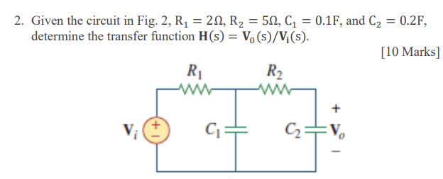 Solved 2. Given the circuit in Fig. 2,R1=2Ω,R2=5Ω,C1=0.1 F, | Chegg.com