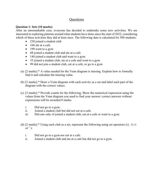 Solved Questions Question 1: Sets (10 marks) After an | Chegg.com