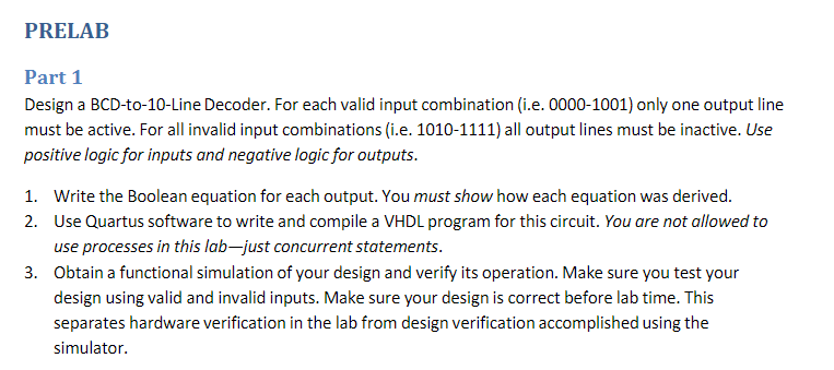 Solved Part 1 Design a BCD-to-10-Line Decoder. For each | Chegg.com