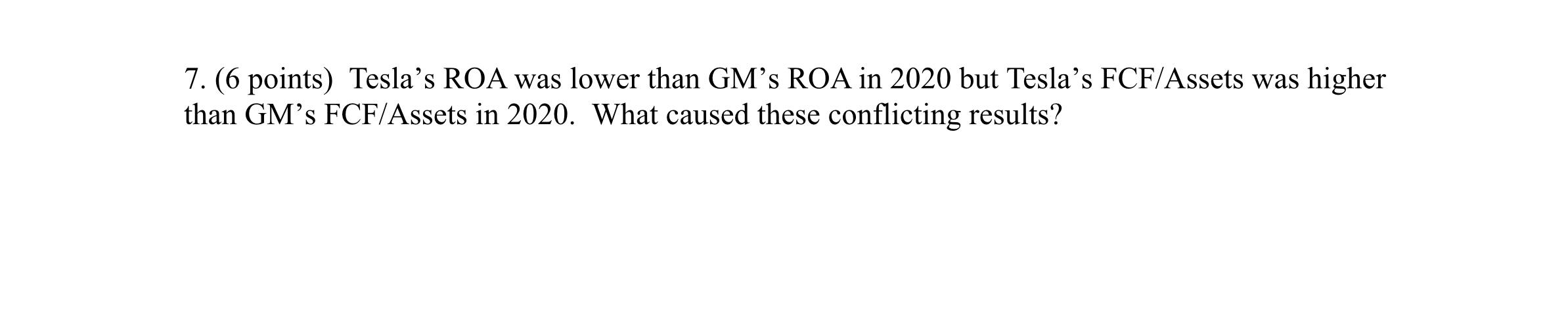 7. (6 points) Tesla's ROA was lower than GM's ROA in | Chegg.com