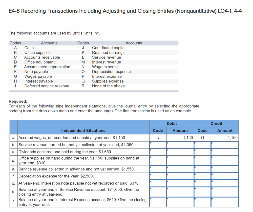 Solved E4-8 Recording Transactions Including Adjusting and | Chegg.com