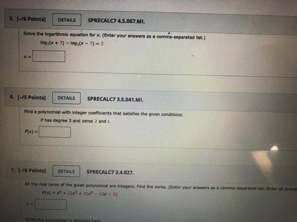 Solved 5. (-76 Points] DETAILS SPRECALC7 4.5.067.MI. Solve | Chegg.com