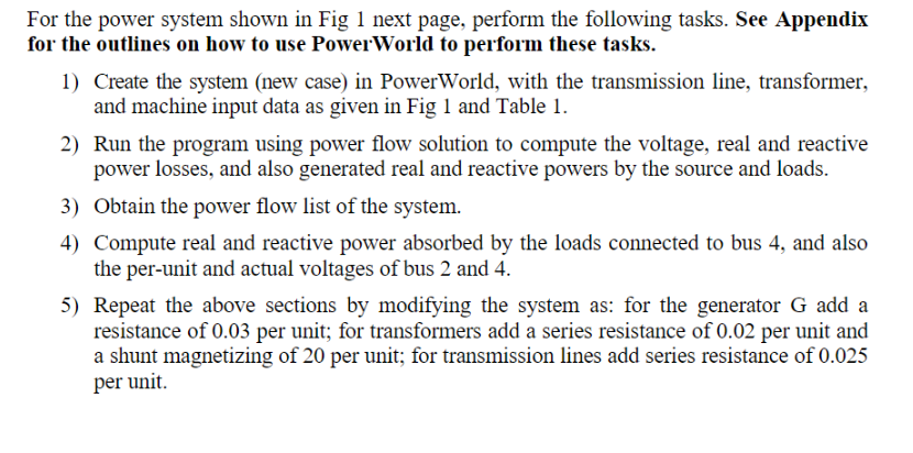 For the power system shown in Fig 1 next page, | Chegg.com